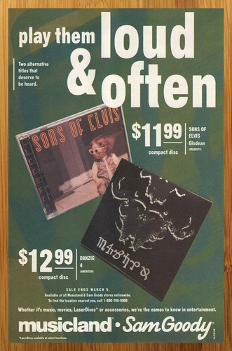 1995 Sons of Elvis/Danzig Print Ad/Poster Musicland Sam Goody CD LP ...