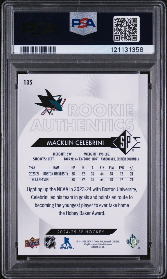 Macklin Celebrini PSA 10 SP Rookie Authentics RC 2024-25 24-25 San Jose ...
