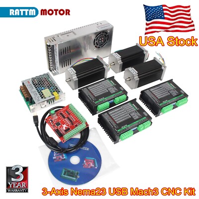 【US】3 Axis Nema23 Stepper Motor Kit 425oz-in 3A 112mm Driver USB MACH3 ...