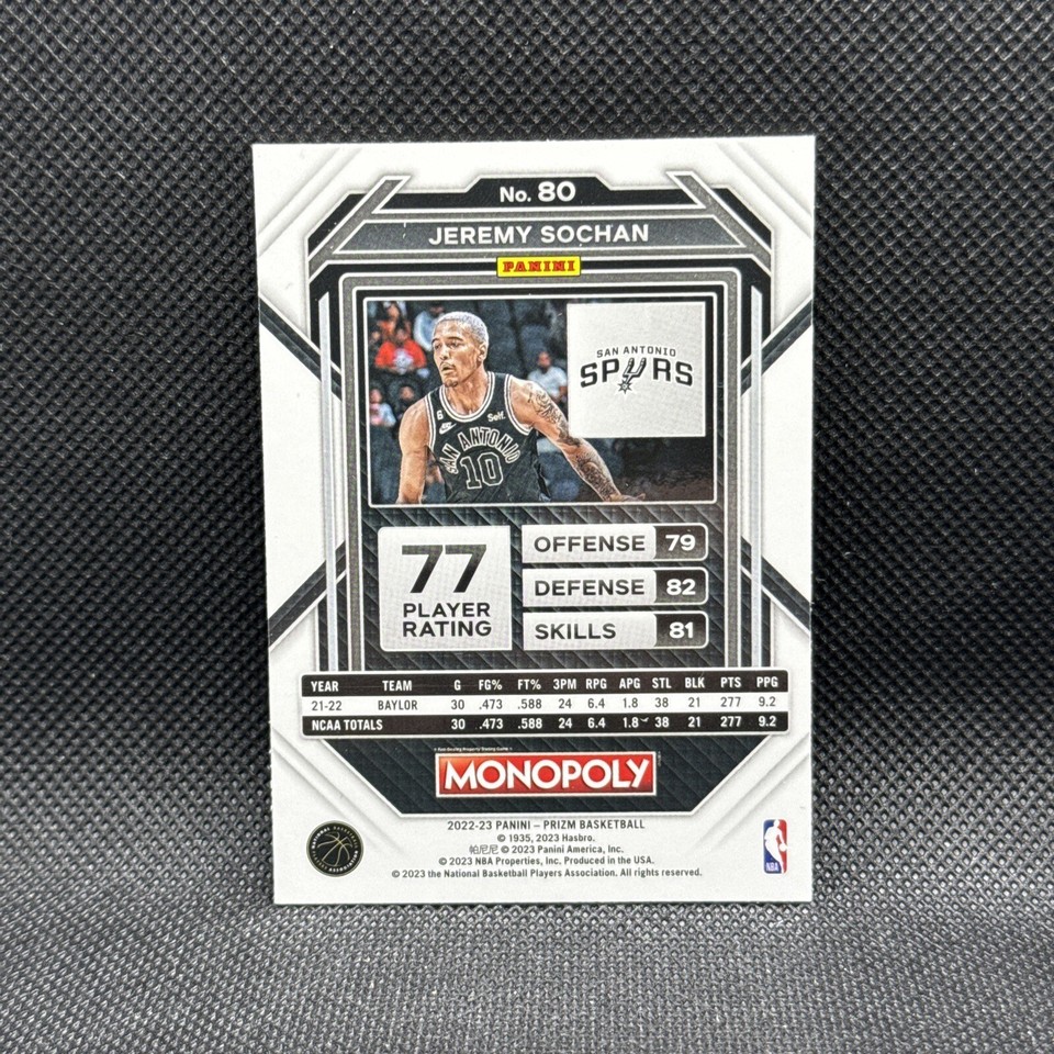 2022-23 Panini Prizm Monopoly Jeremy Sochan Rookie RC #80 San Antonio ...