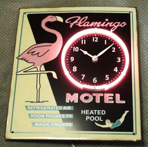 Flamingo Motel Neon Light-up Clock Tin Sign ~ Vintage Look ~ TESTED ...