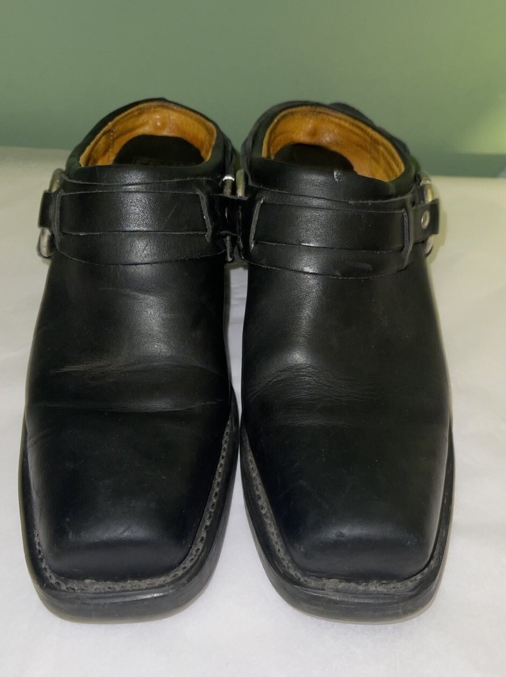 FRYE USA Mules Black Leather Harness Low Boots Shoes Square Toe Women's ...