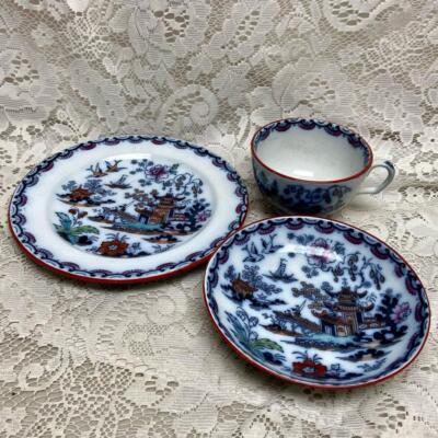 Antique, Flow Blue , Variant Gaudy Blue Willow, E.M. Co., England, Trio ...