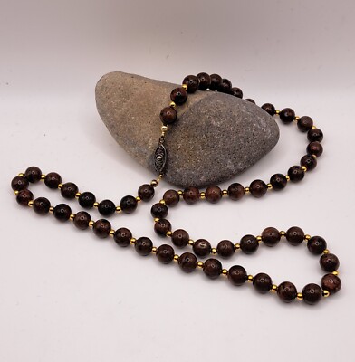 Vtg Natural Mahogany Obsidian Stone Gold Tone Necklace Beaded 22"L | eBay