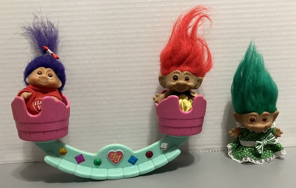 Lot of 14 vintage TROLL figures in cute outfits plus a teeter totter ...