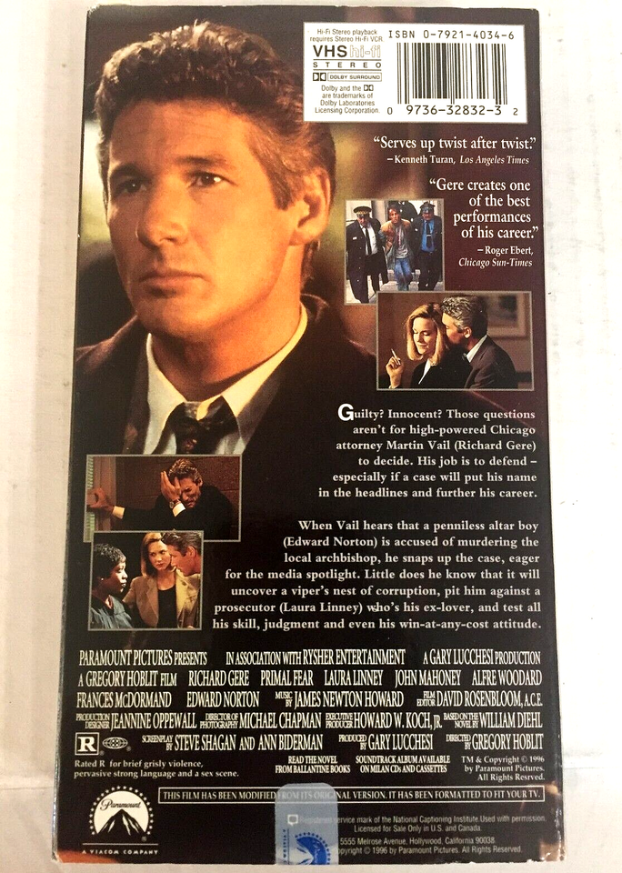 Primal Fear Richard Gere VHS tape Ships Same Day With Tracking | eBay