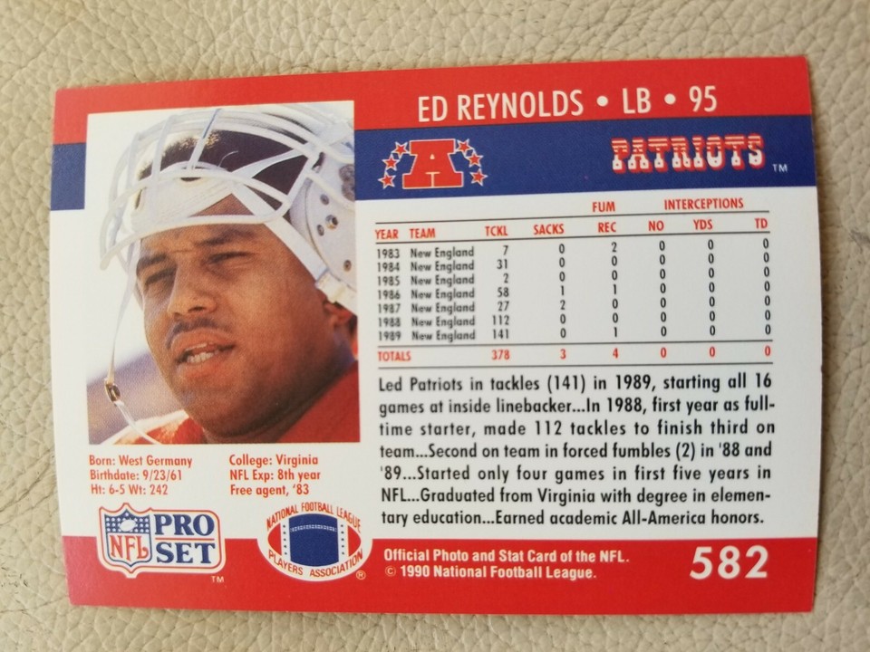 Ed Reynolds New England Patriots Linebacker Pro Set 1990 Card #582 | eBay