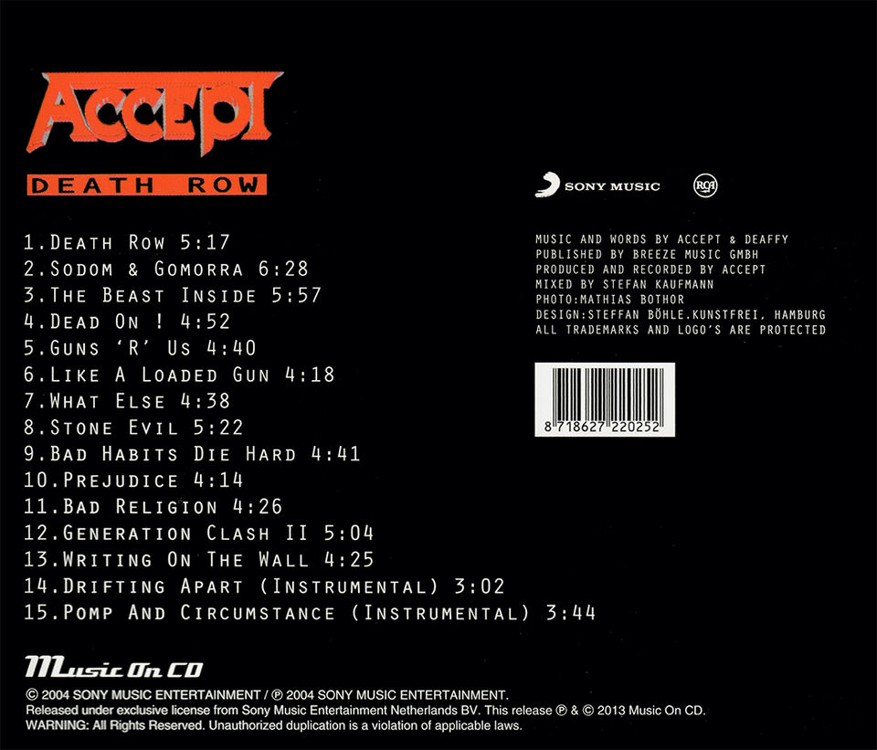 Accept ~ Death Row (1994) CD 2013 Music On CD Netherlands •• NEW •• | eBay