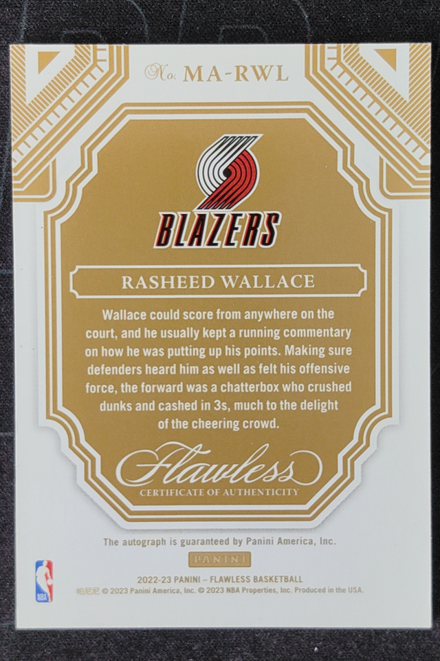2022-23 Panini Flawless Rasheed Wallace Momentous Autographs Gold1/10 # ...