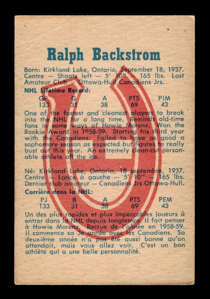 1960-61 PARKHURST # 41 RALPH BACKSTROM 26365 | eBay