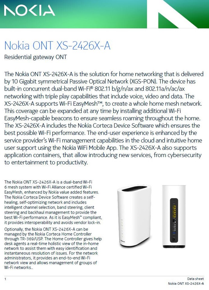 Nokia New XS-2426X-A XGS PON ONT with Wi-Fi 6 802.11ax Access Point, US ...