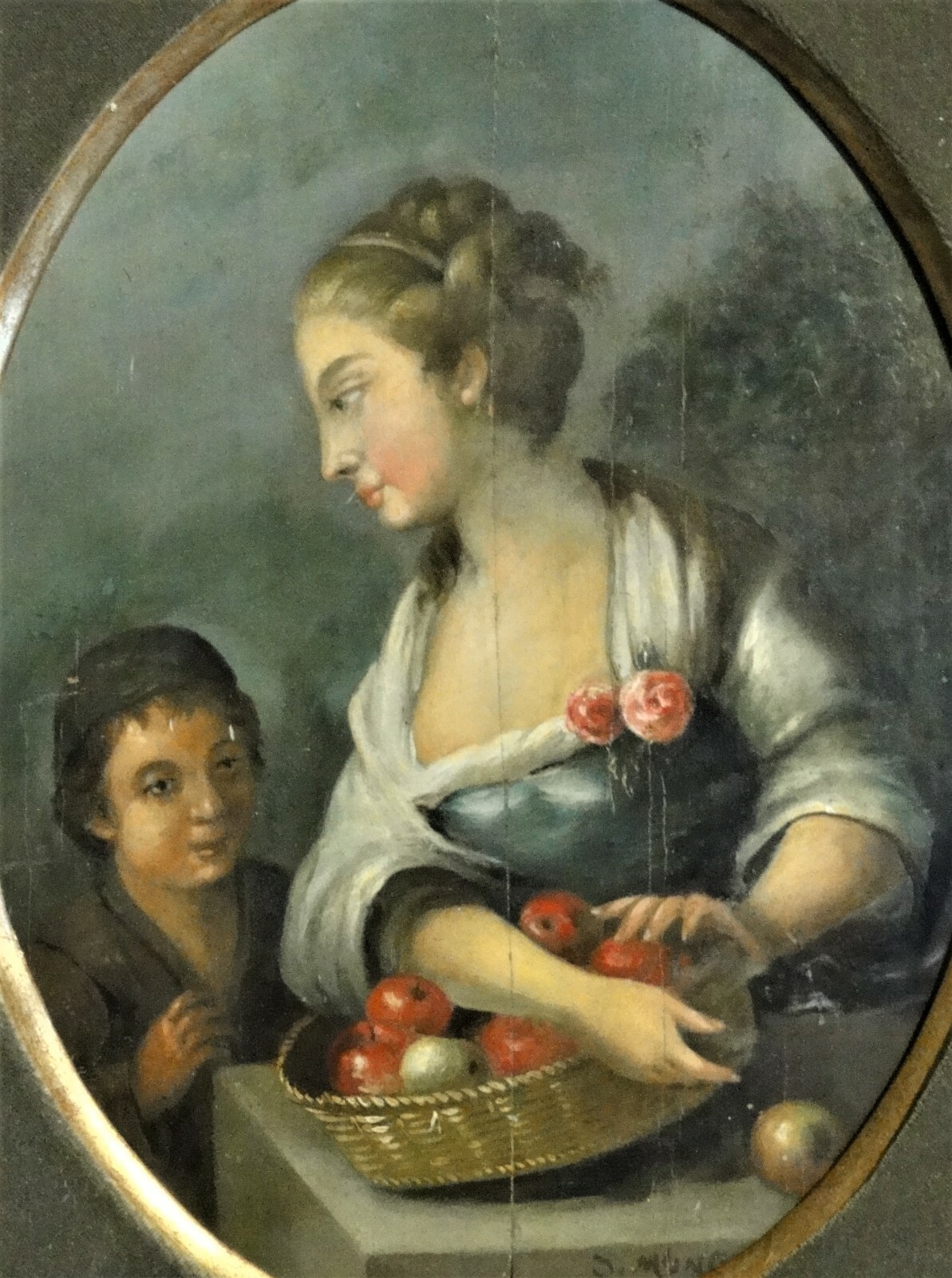 J. Mung (19.) oval-Gemälde im Barock-Stil auf Holz: MUTTER & KIND MIT ...