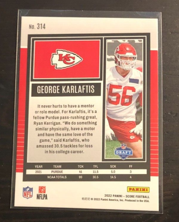 2022 Panini Score GEORGE KARLAFTIS Rookie Card RC #314 Chiefs | eBay
