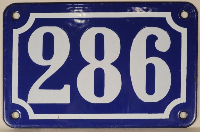 Old blue French house number 286 door gate plate plaque enamel steel ...