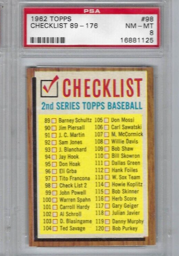 1962 Topps baseball card #98 Checklist graded PSA 8 centered! | eBay