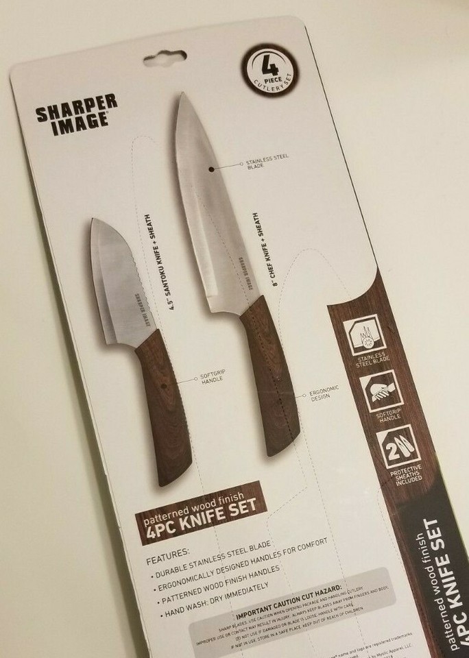 Sharper Image 4-Piece 8" CHEF & 4.5" SANTOKU Dark Wood Finish Knife Set ...