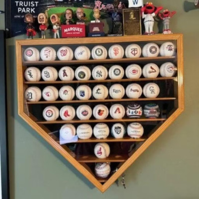 Baseball Display Case 43 Oak Wood MLB Autograph Ball Rack Holder Wall ...