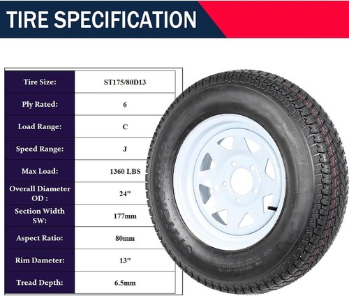 2 Pack ST175/80D13 Trailer Tires 175 80 13 Trailer Tire 5 Lug 6 Ply ...