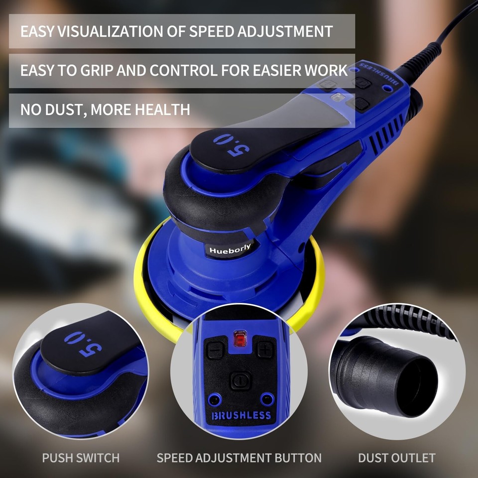 Electric Random Orbital Sander 350W Brushless Motor 3/16 in Orbit, 110V ...