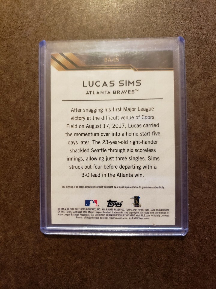 30/275 ON CARD AUTO 2018 Topps Tier One Lucas Sims Autograph ATLANTA ...