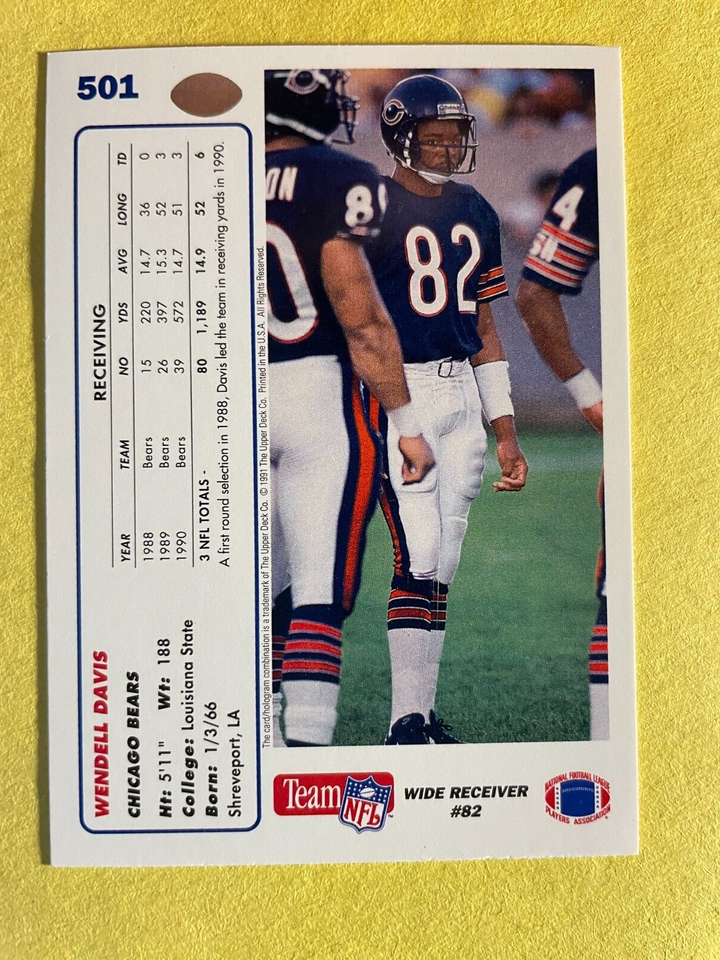 SIGNED WENDELL DAVIS 1991 UPPER DECK AUTOGRAPHED FOOTBALL CARD - BEARS ...