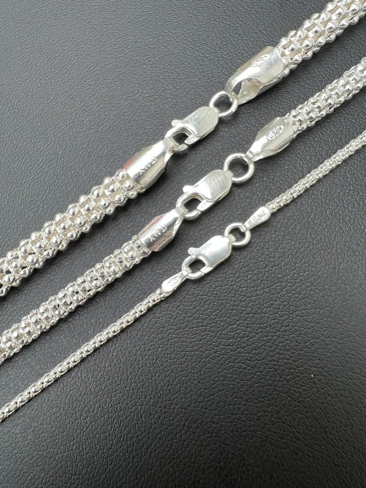 Real Solid 925 Sterling Silver Diamond Cut Popcorn Mesh Chain Necklace ...