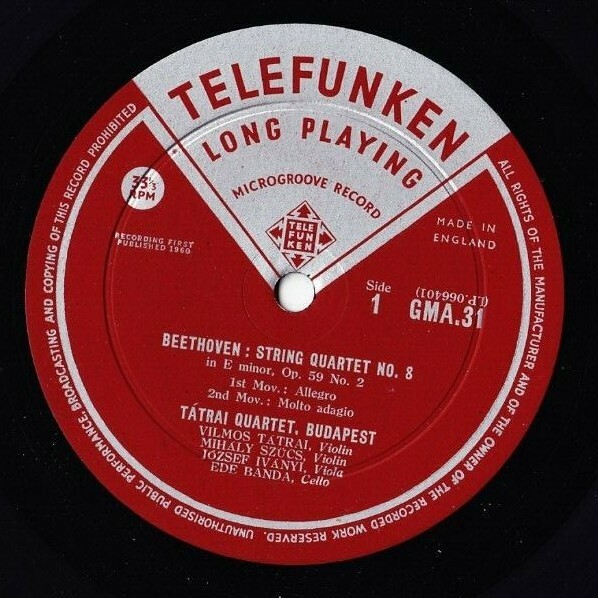 TELEFUNKEN GMA 31 UK - TATRAI QUARTET - BEETHOVEN - STRING QUARTET NO ...
