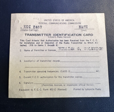 FCC Transmitter Identification Card Form 452-C 1950s Or Early 1960s ...