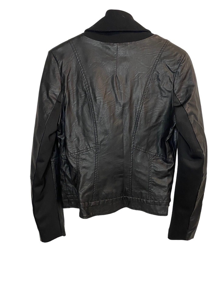 JouJou Black Faux Leather Moto Bomber Jacket Knit Cowl Neck Mob Wife ...