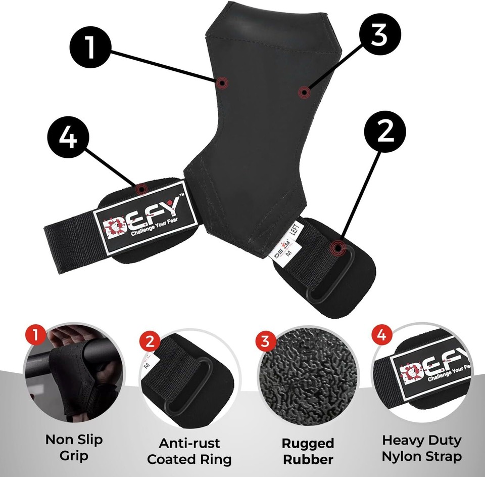 DEFY Weight Lifting Grips Padded Wrist Support Straps Heavy Powerlift ...