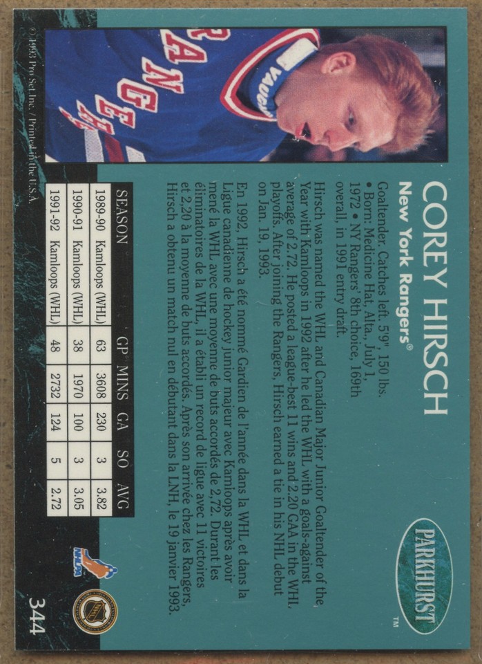 1992-93 Parkhurst #344 Corey Hirsch New York Rangers Rookie | eBay