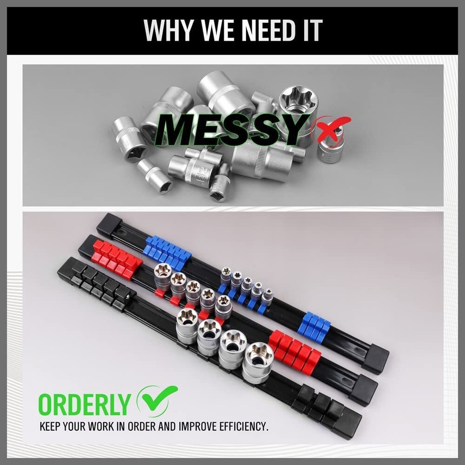 9PC Socket Organizer Holder Tool Storage Rail Rack 1/4" 3/8" 1/2 ...