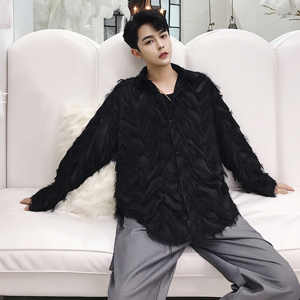 Mens Tassels Fringes Feather Look Long Sleeve Shirt Casual Oversize ...