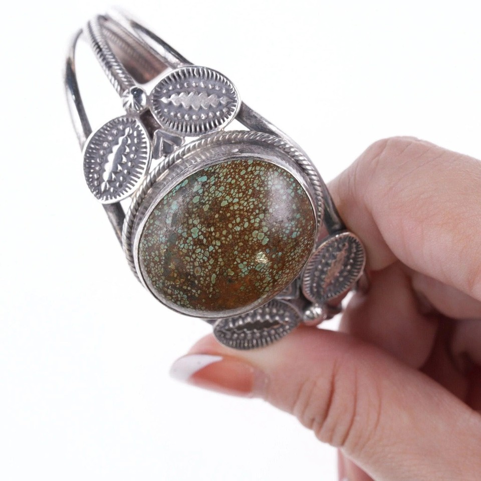 7" Vintage Heavy stamped silver green spiderweb turquoise bracelet | eBay
