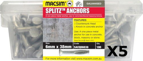 500 x SPLITZ Anchor Countersunk 6mm x 38mm - Knock in Concrete Anchor ...