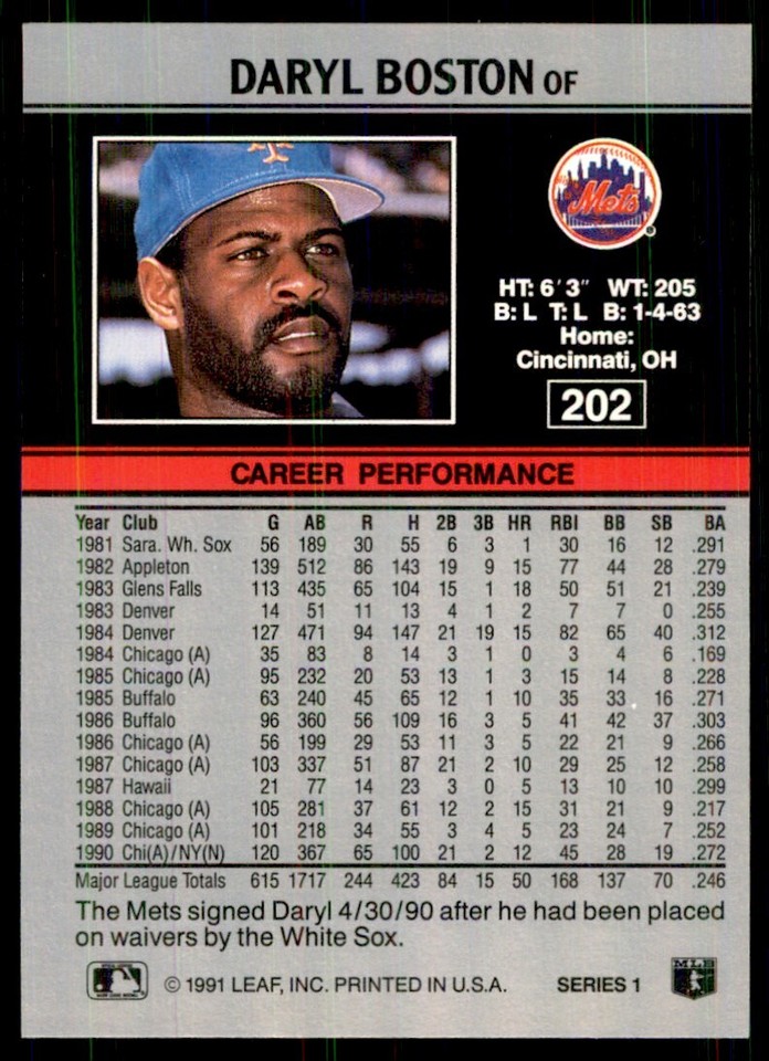 1991 Leaf Daryl Boston Baseball Cards #202 | eBay