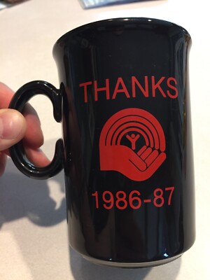 VTG 1986 United Way Coffee Cup England Black Mug Glass Ceramic Charity ...