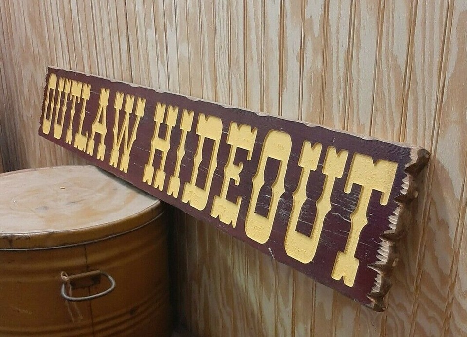 OUTLAW HIDEOUT/Rustic/Carved/Wood/Sign/Western/décor/Bar/Cabin/Cowboys ...
