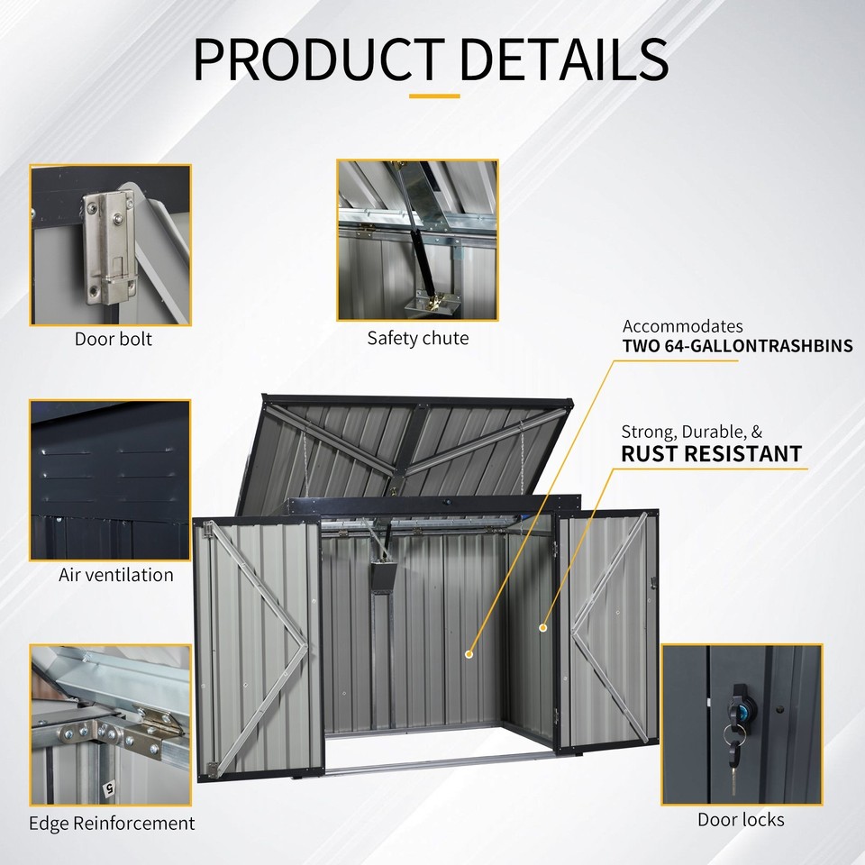 Outdoor Metal Garbage Bin Shed 2 Trash Cans with Sloped Roof Lockable ...