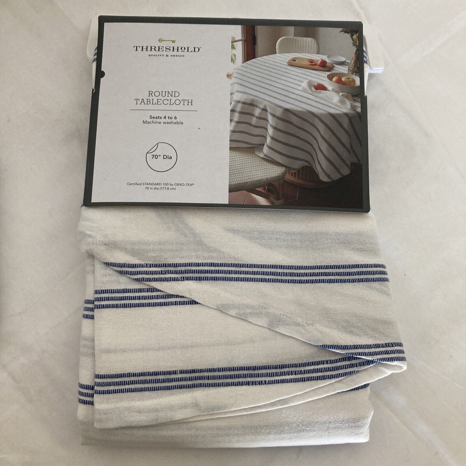NEW 70” ROUND TABLECLOTH Threshold Target WHITE W/ NAVY BLUE STRIPES ...