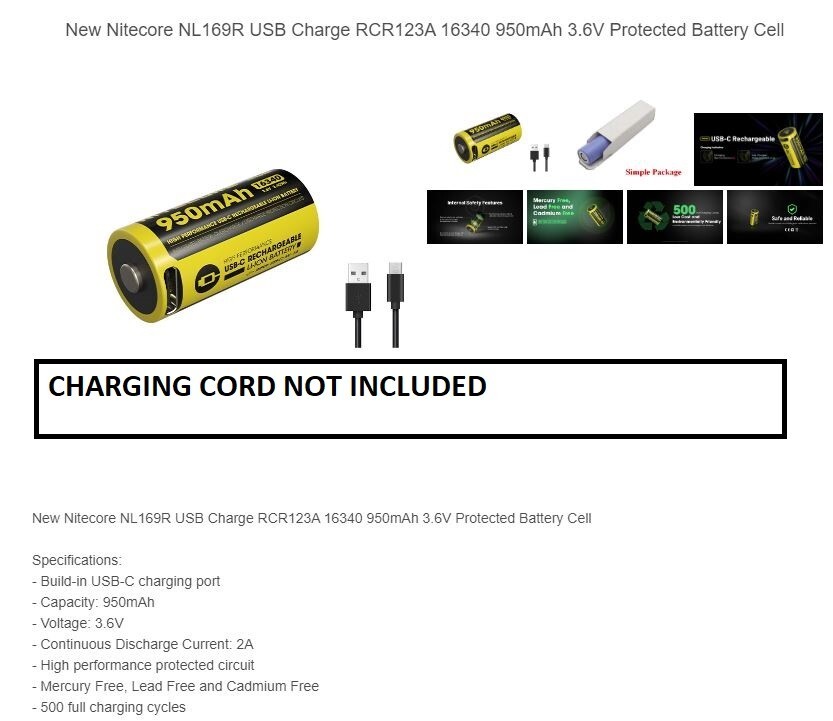 Nitecore NL169R 950mAh Rechargeable RCR123 / 16340 Battery w/USB-C ...