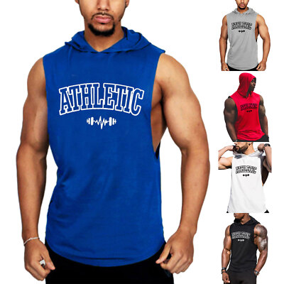 Men Hooded Tank Top Bodybuilding Muscle Cut Off T-Shirt Sleeveless ...