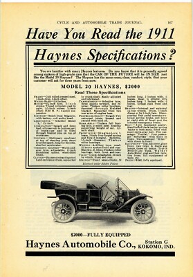1910/11 Haynes Automobile Co. Ad: Model 20 Car w/ Specs - Kokomo ...