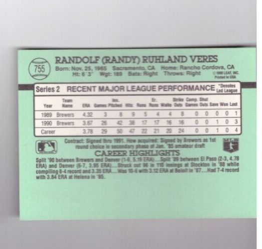 1991 Donruss Baseball Card #755 Randy Veres Brewers | eBay