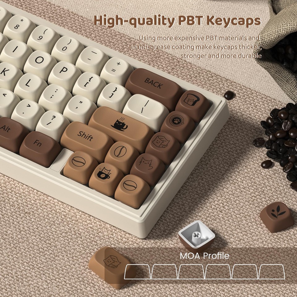 Cute Brown PBT Keycap Set,Coffee cat MOA Profile Keycaps 60 75 100 ...
