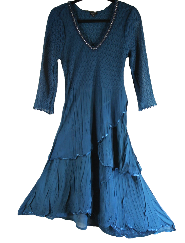 NEW, Komarov Beaded Tiered Chiffon Cocktail Dress Mediterranean Blue M ...