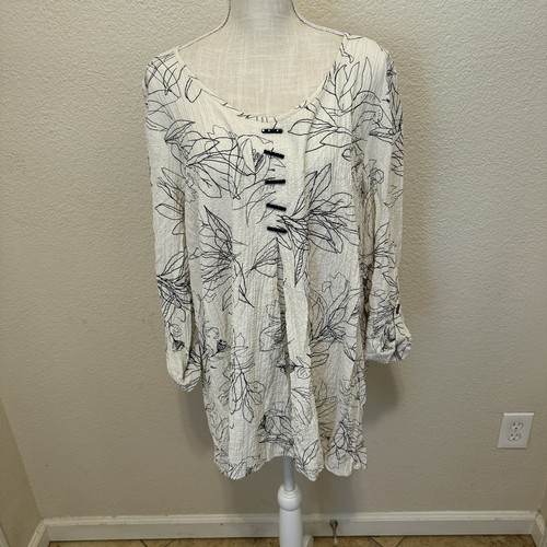 JM COLLECTION 3X IVORY/black TUNIC 3/4 Sleeve Pleated Buttons | eBay