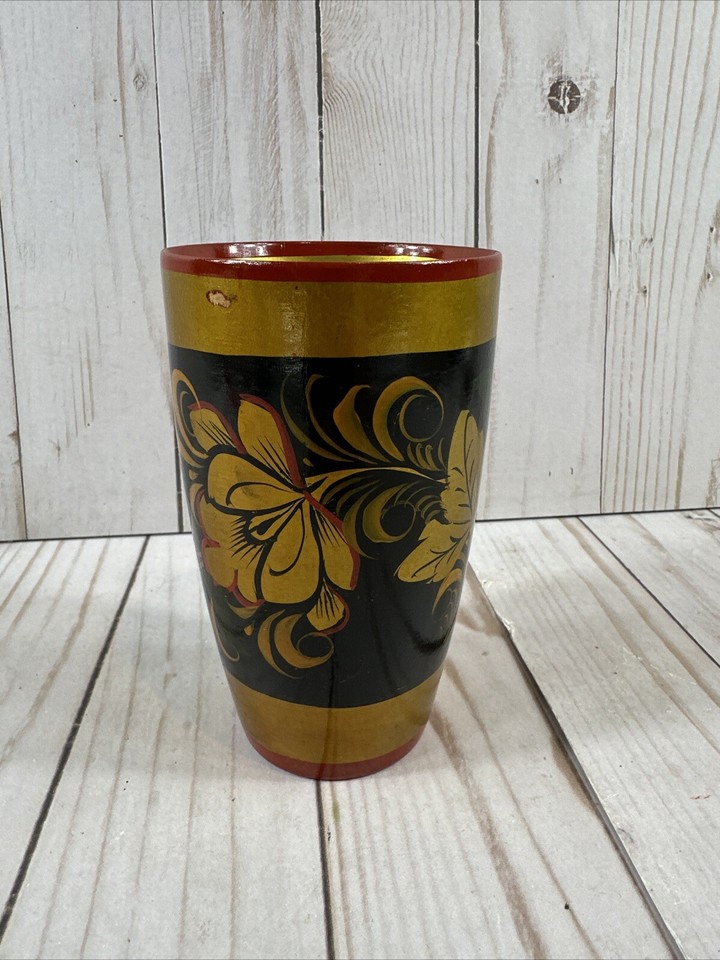 Hand Painted Soviet Russian Khokhloma Wooden Lacquer Cup Made in USSR ...