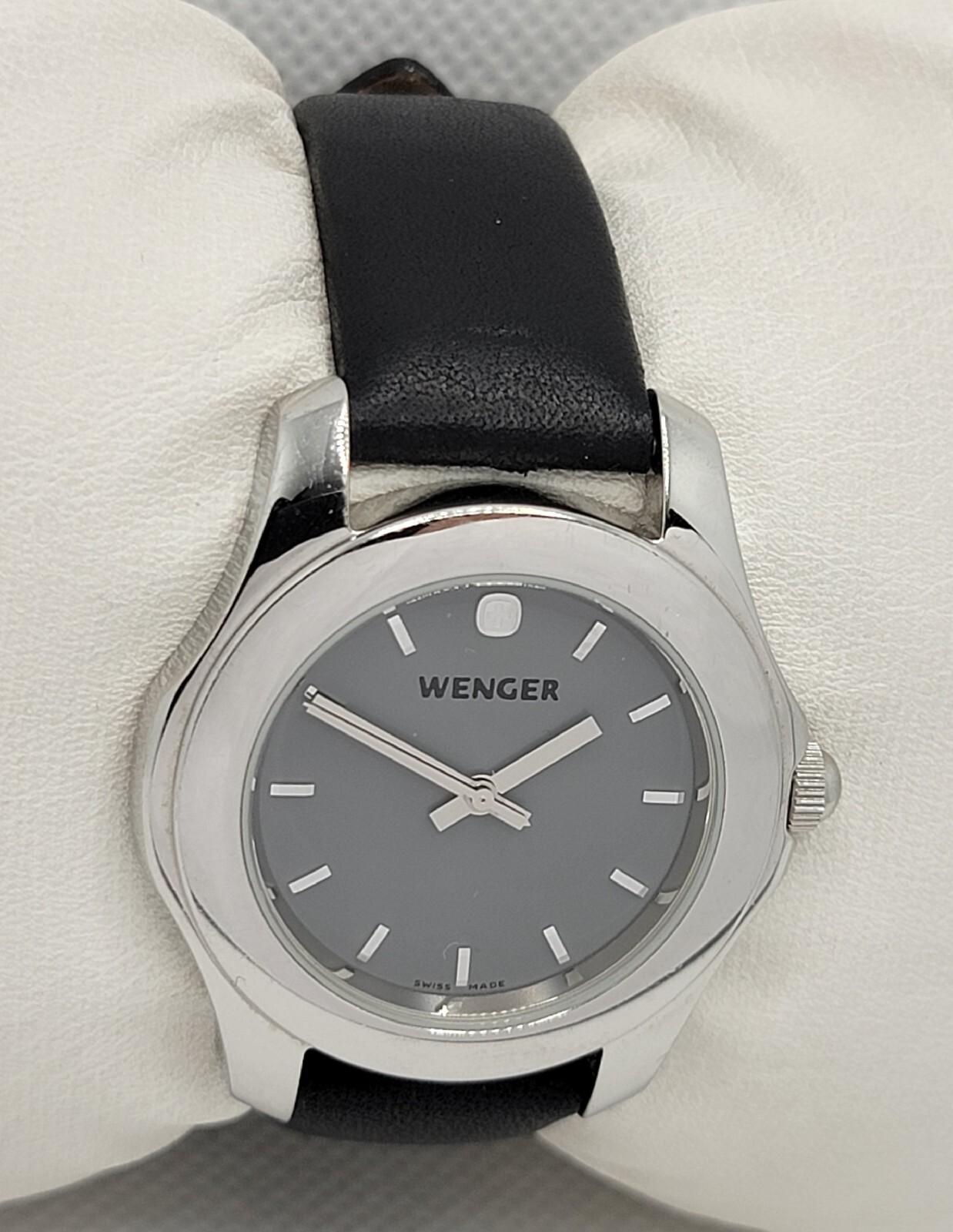 Ladies Wenger Silver Tone Gray Dial Black Leather Band Analog Watch 092 ...