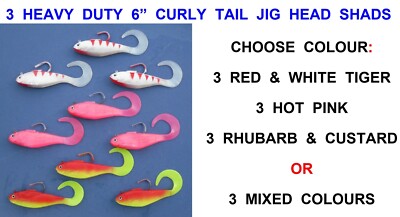 3 HEAVY DUTY 6" CURLY TAIL JIG HEAD SHADS BOAT SEA FISHING LURE COD ...